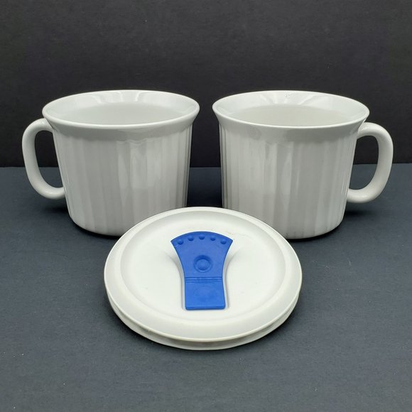 Corningware | Dining | Corningware French White Stoneware Ribbed Soup Coffee Mugs Lid 22 Ounce ...
